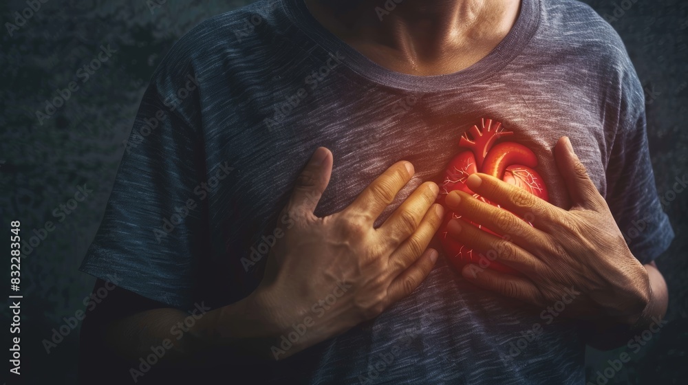 hand hold chest with heart attack symptoms, man have chest pain caused ...