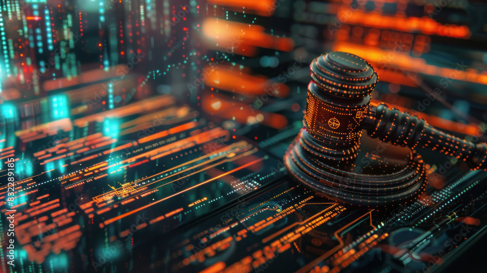 Close-up of legal documents and a judge's gavel, with an overlay of AI ...