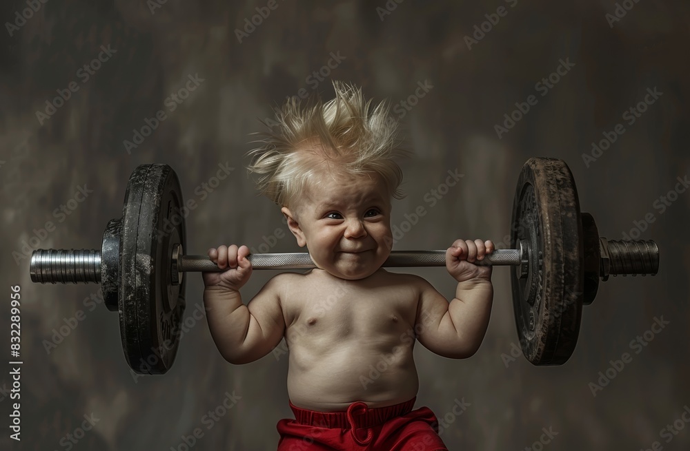 A powerful caucasian baby's face is scrunched up in a determined ...