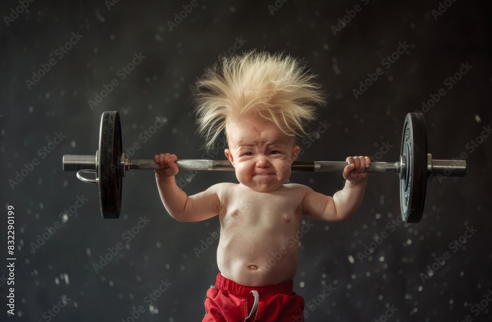 A powerful caucasian baby's face is scrunched up in a determined ...