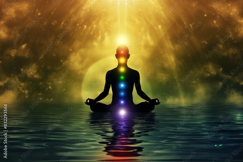 Human chakra system. illustration poster with yogi silhouette filled ...