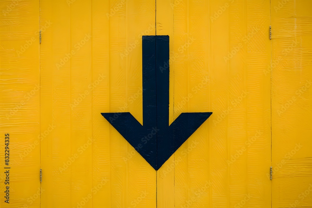 Black arrow pointing down with long tail on bright yellow background ...