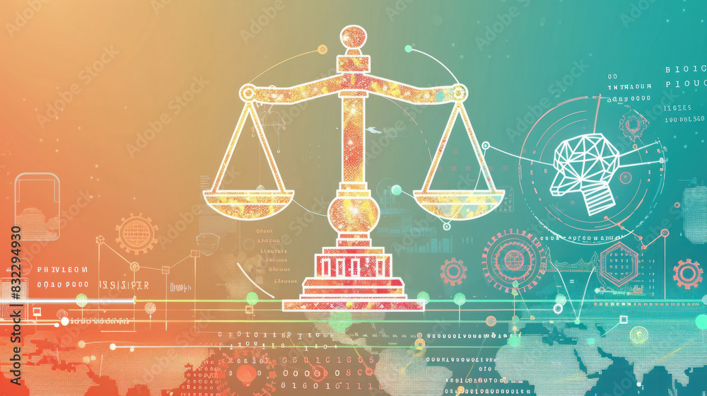 Legal scales balanced with AI icons and binary code patterns ...