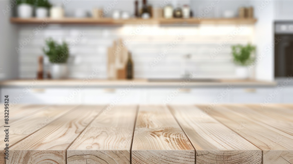 Light wooden table top against a blurred kitchen background, creating a ...
