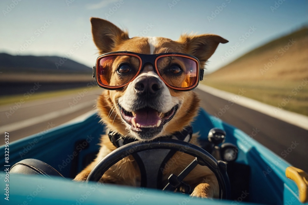 Fantasy image of a dog in a racing helmet and goggles, gripping the ...