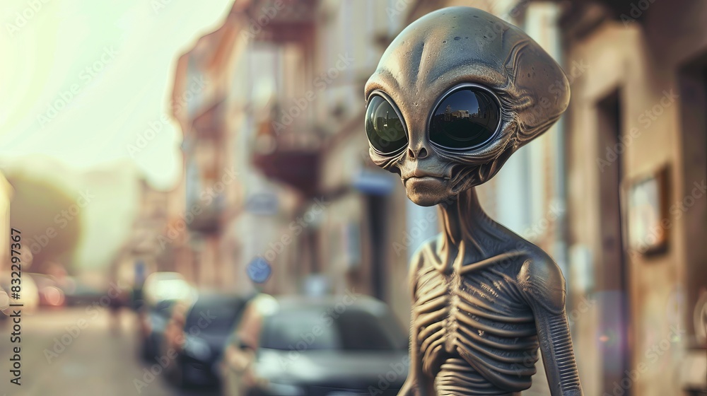 Extraterrestrial alien with large eyes on a blurred city street ...