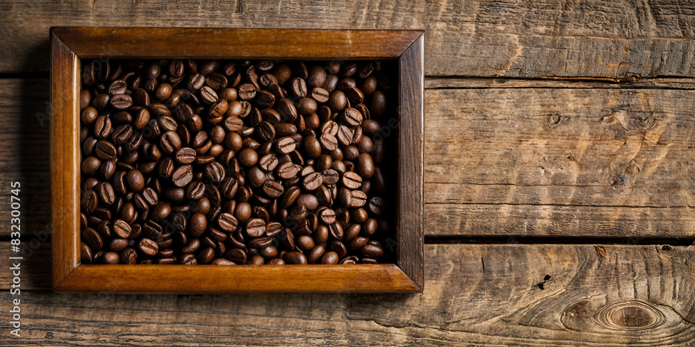Top view of an old weathered table with coffee beans inside a wooden ...