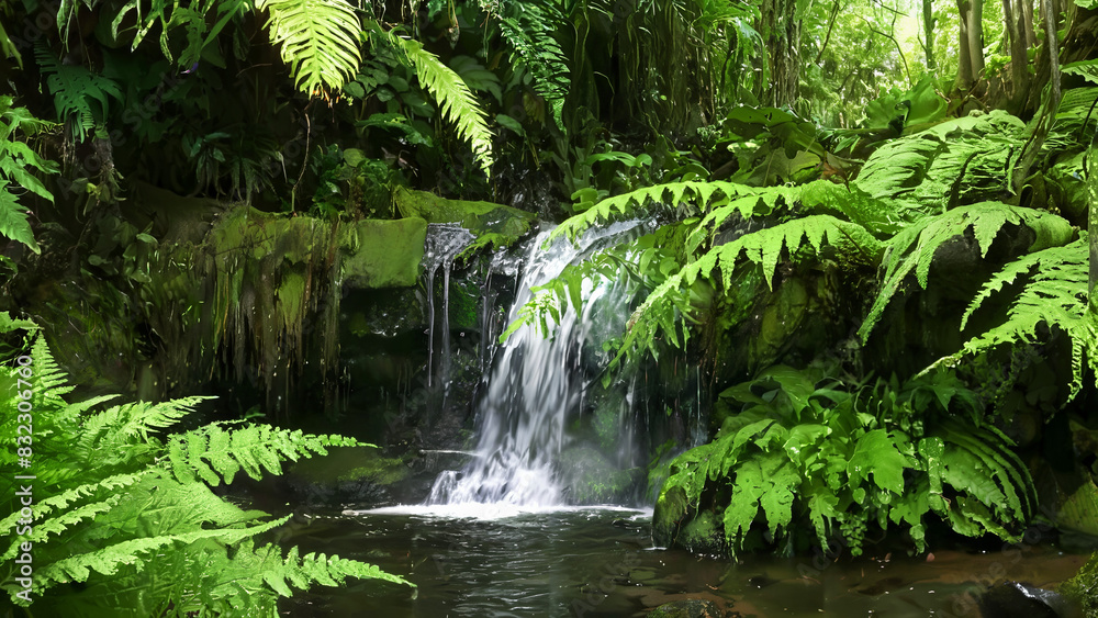 Gentle cascade of a waterfall in a lush tropical setting, with ferns ...