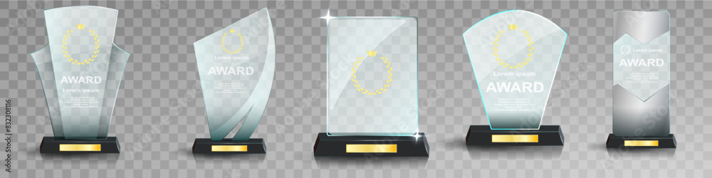 Glass award trophy set. Transparent prize template. Winner first place ...