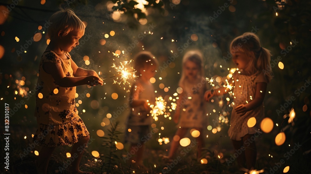 A photo of a group of children playing with sparklers on a summer night ...