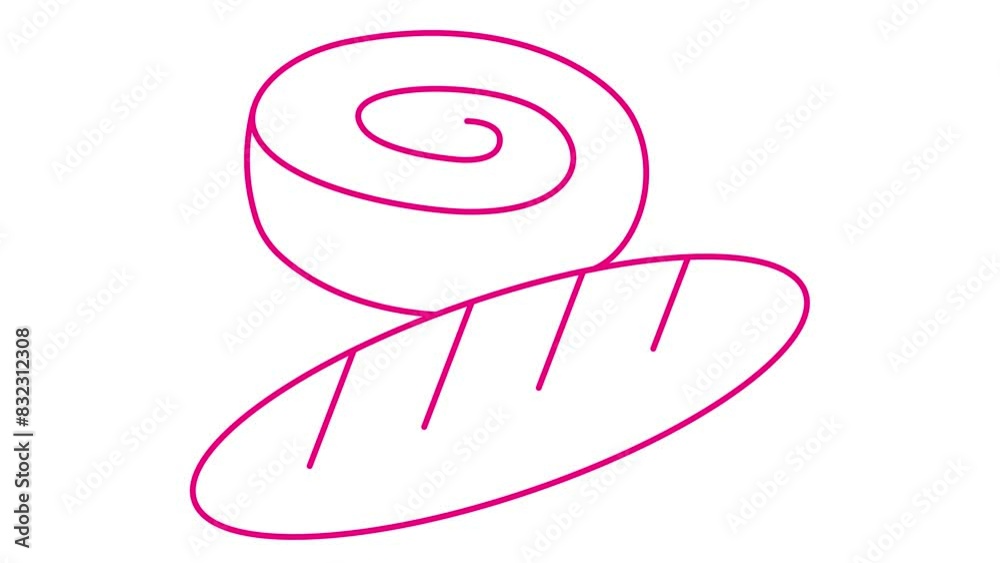 Animated magenta linear bread and roll is drawn. Line pink symbol of ...