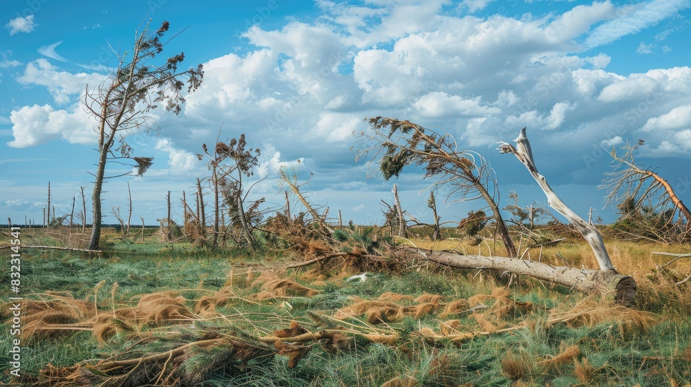 Damaged trees windbreaks windswept post storm landscape cyclone impact ...