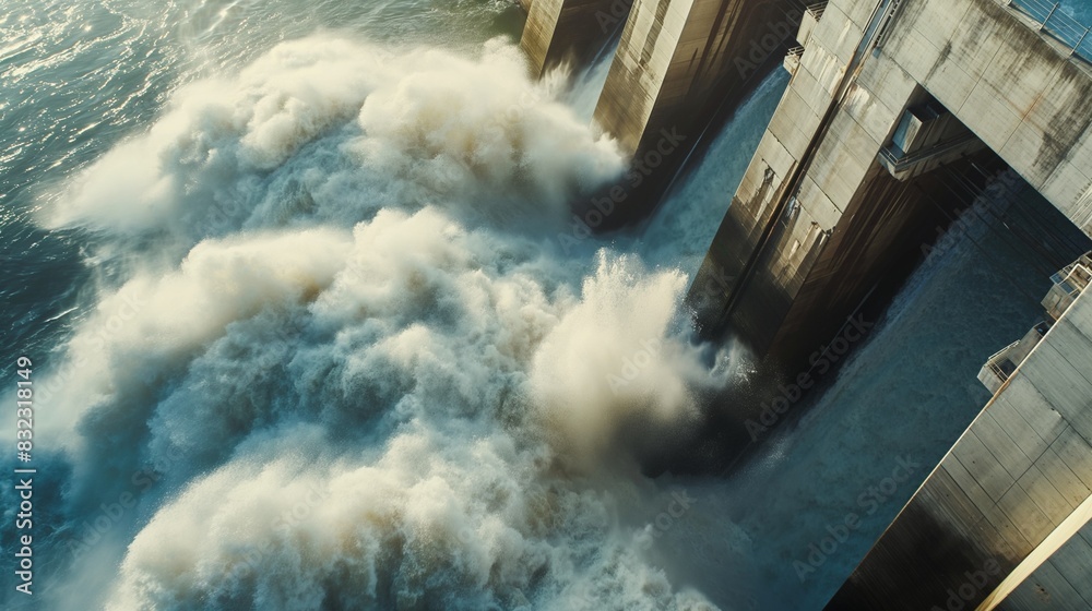 A dynamic shot of water rushing out of a hydroelectric dam's floodgates ...