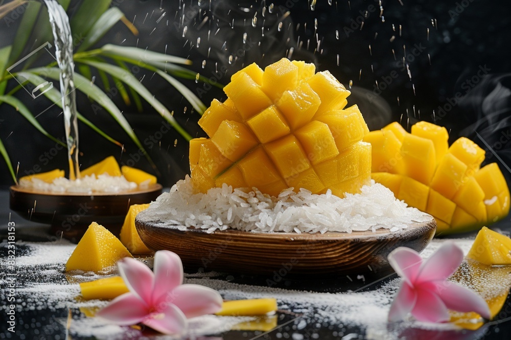 Delicious Thai mango sticky rice, sweet aroma of ripe mangoes and ...