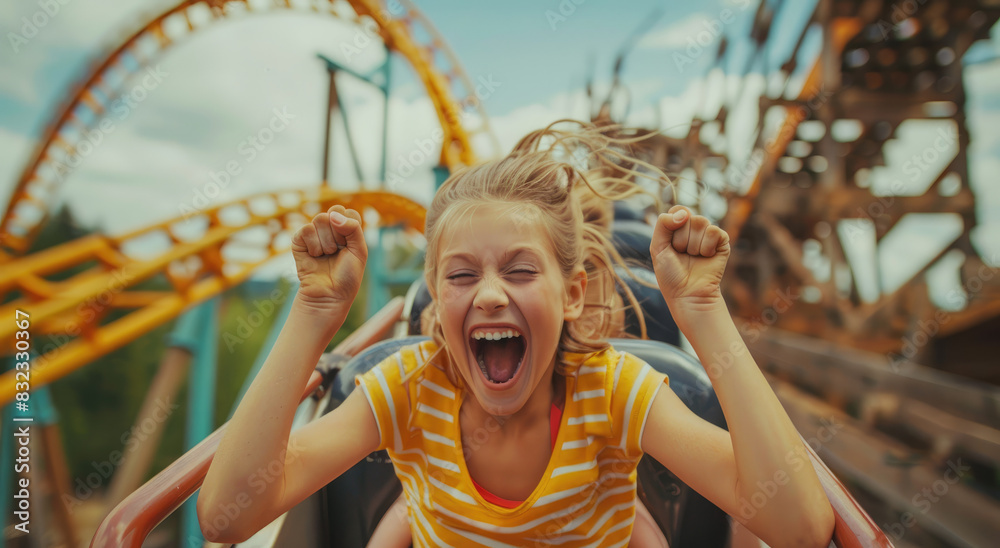 Children having fun on a roller coaster in an amusement park, in a ...