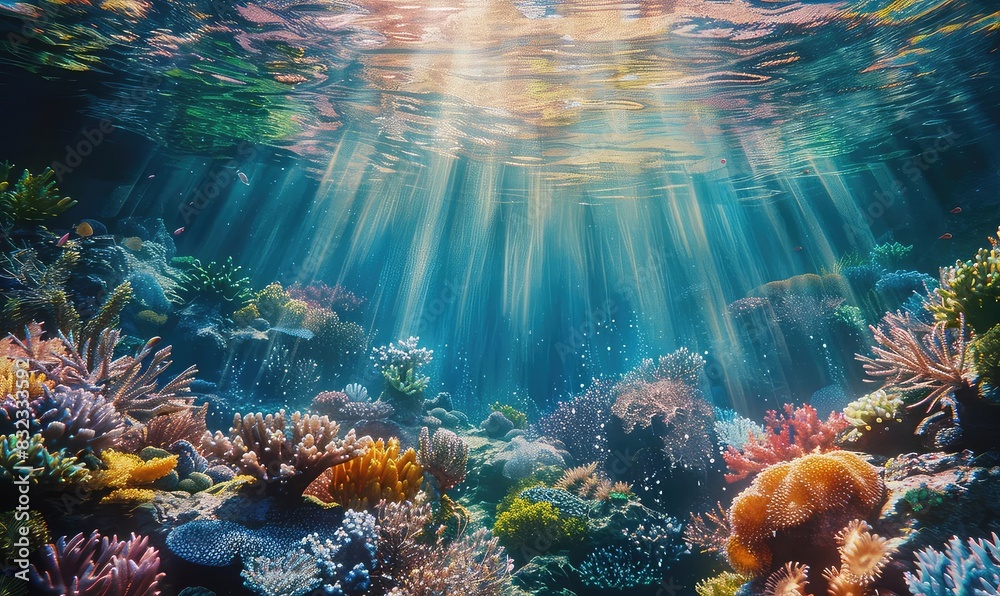 Coral reef with sun rays filtering through the water, creating dappled ...