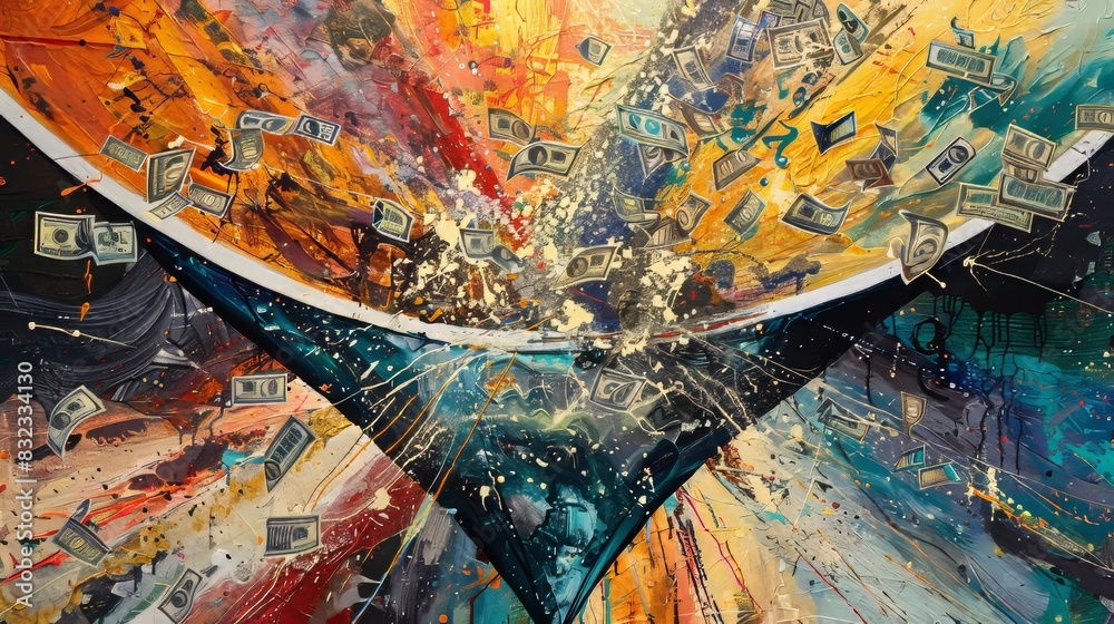 Abstract painting of money falling into a funnel for finance or ...