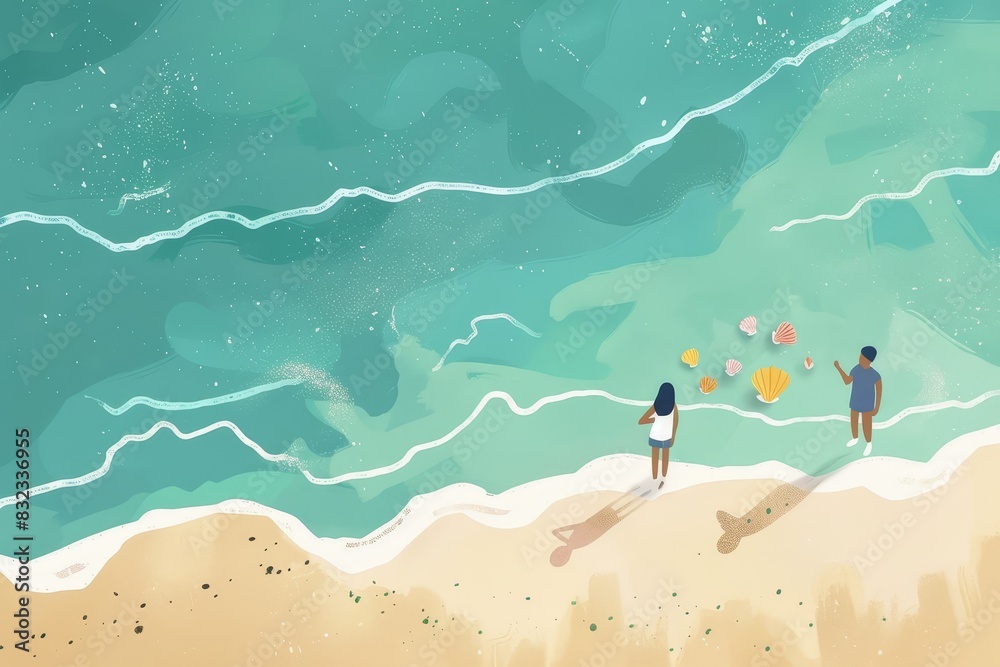 Top view animation of a beach scene with children collecting shells in ...