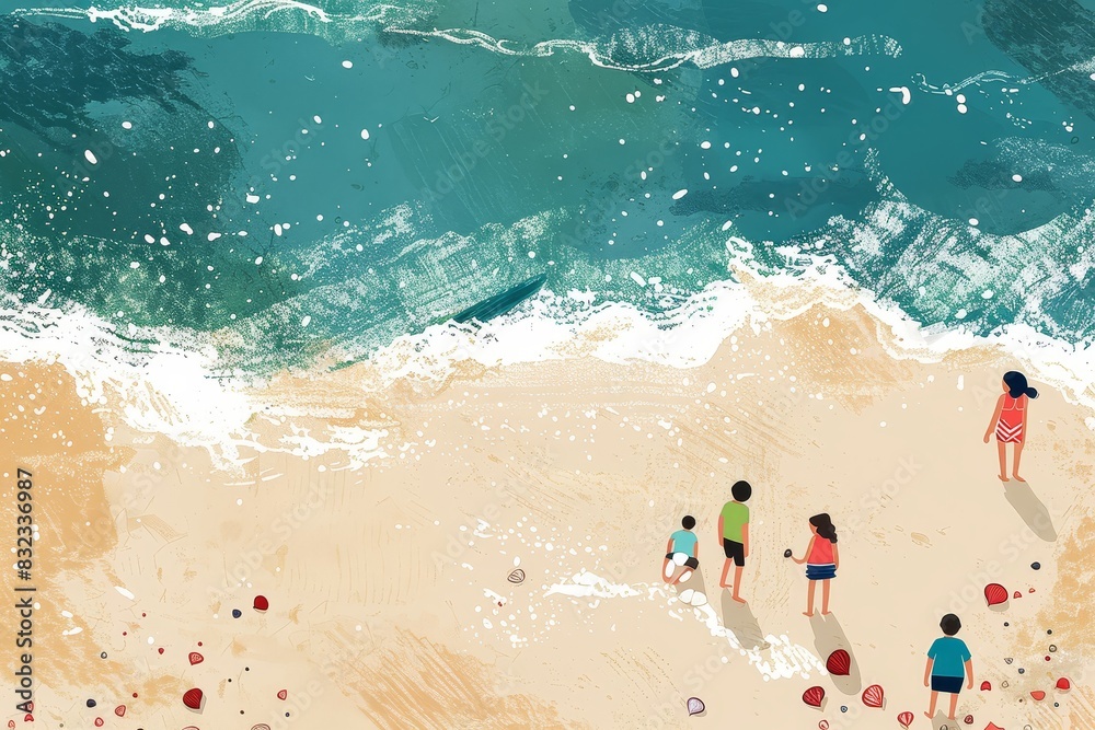 Top view animation of a beach scene with children collecting shells in ...