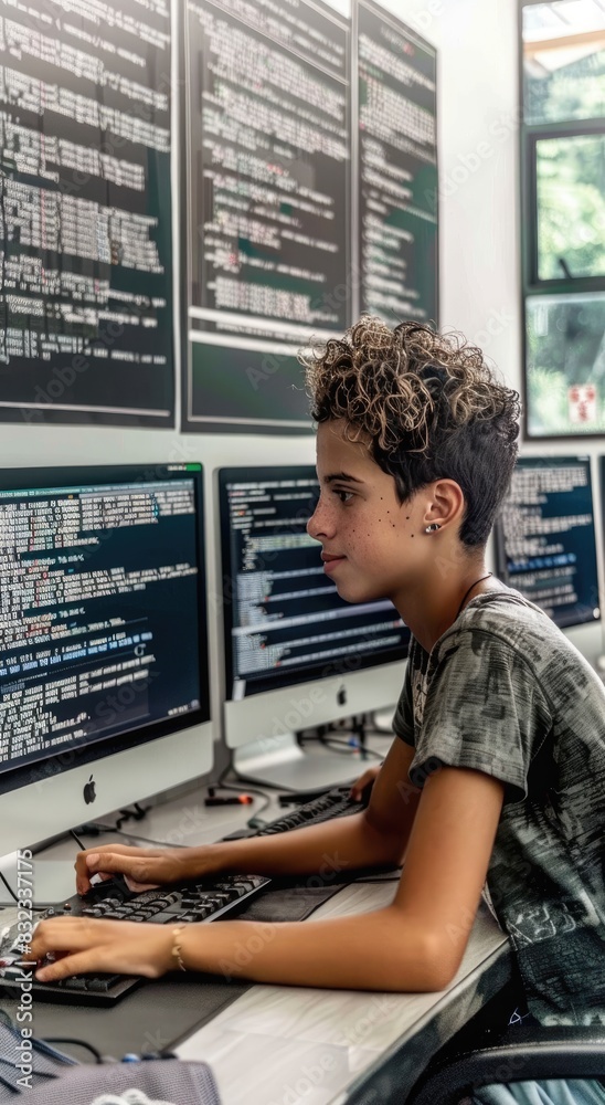 Un adolescente programando en un laboratorio de computadoras moderno ...