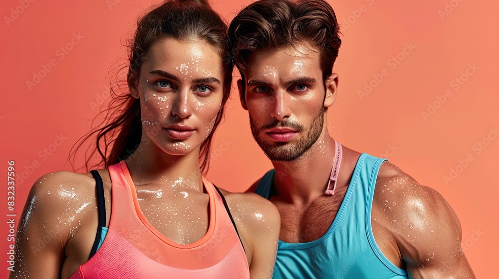 Male and female fitness models together, both looking energized, sweat ...