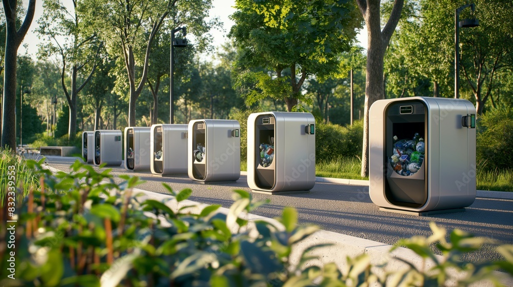 A series of advanced recycling bins equipped with sensors for waste ...