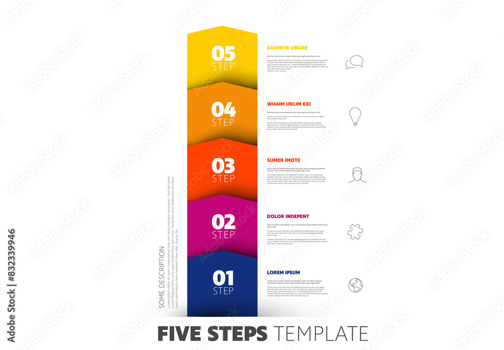 Five yellow to blue progress block steps template with descriptions and ...