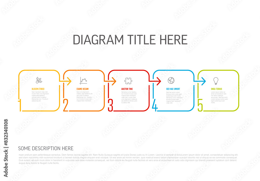 Light five square steps template with icons big numbers and description ...