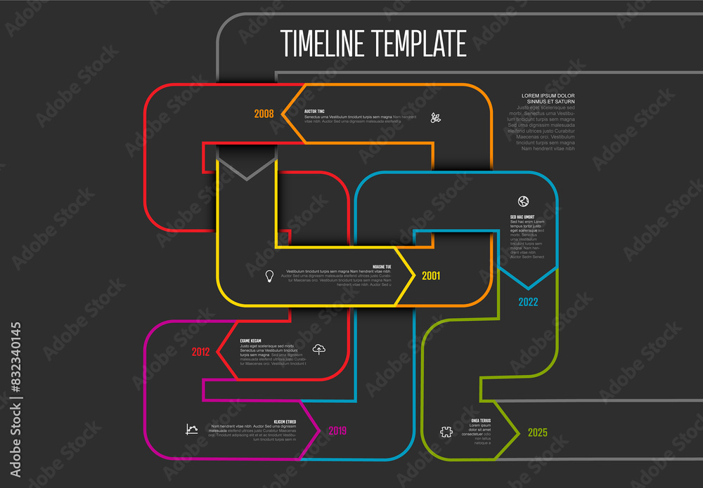 Thick dark timeline with color borders, arrows and big milestone ...