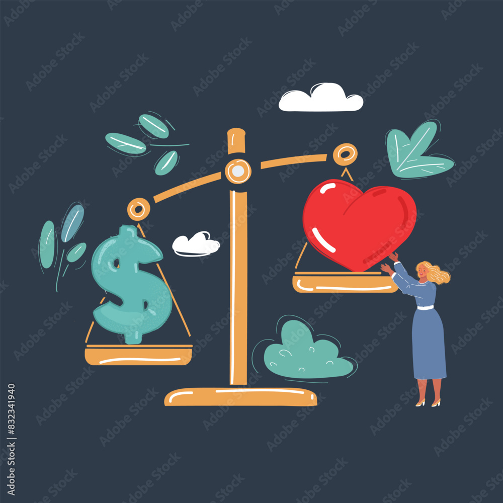 Cartoon vector illustration of woman who make chose between work life ...