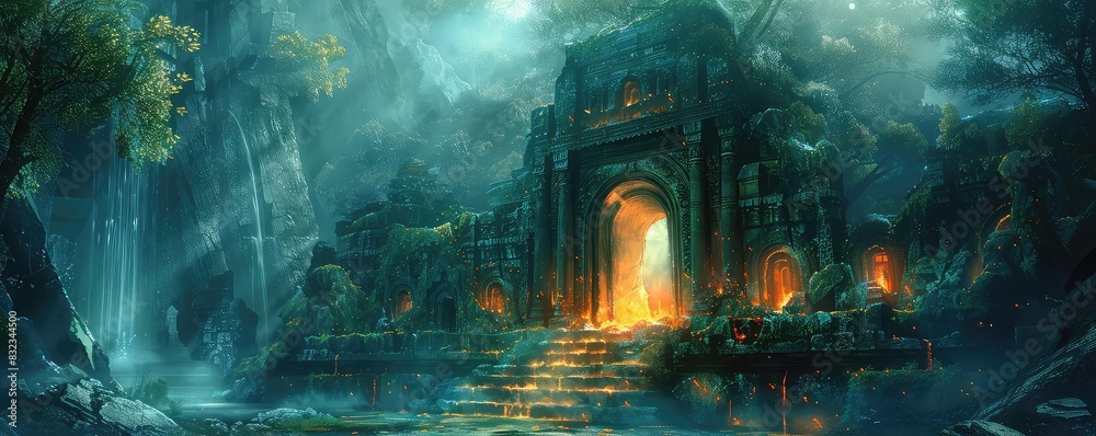 Fantasy ancient ruins with glowing runes and mystical symbols, vibrant ...