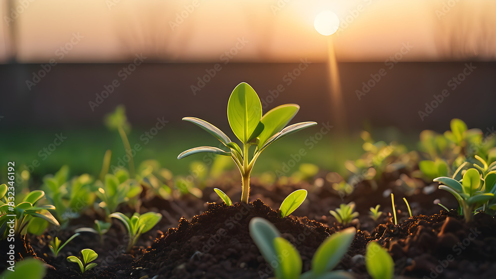 Developing plant, Young plant with ground backdrop and dawn light, New ...