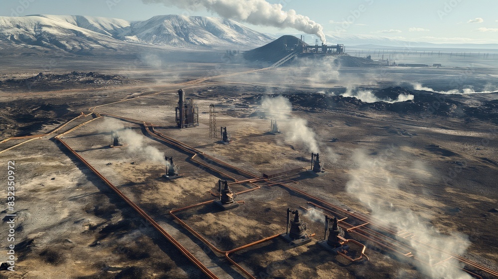 An aerial view of a geothermal field showing a series of wellheads ...
