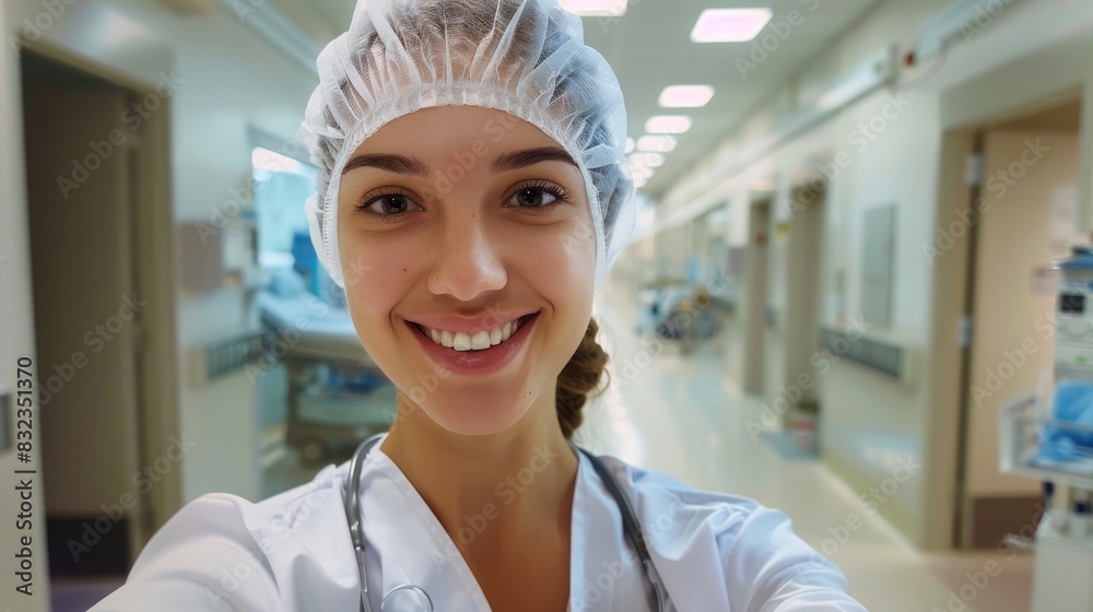 Smiling woman wearing a white medical cap and a white lab coat with a ...
