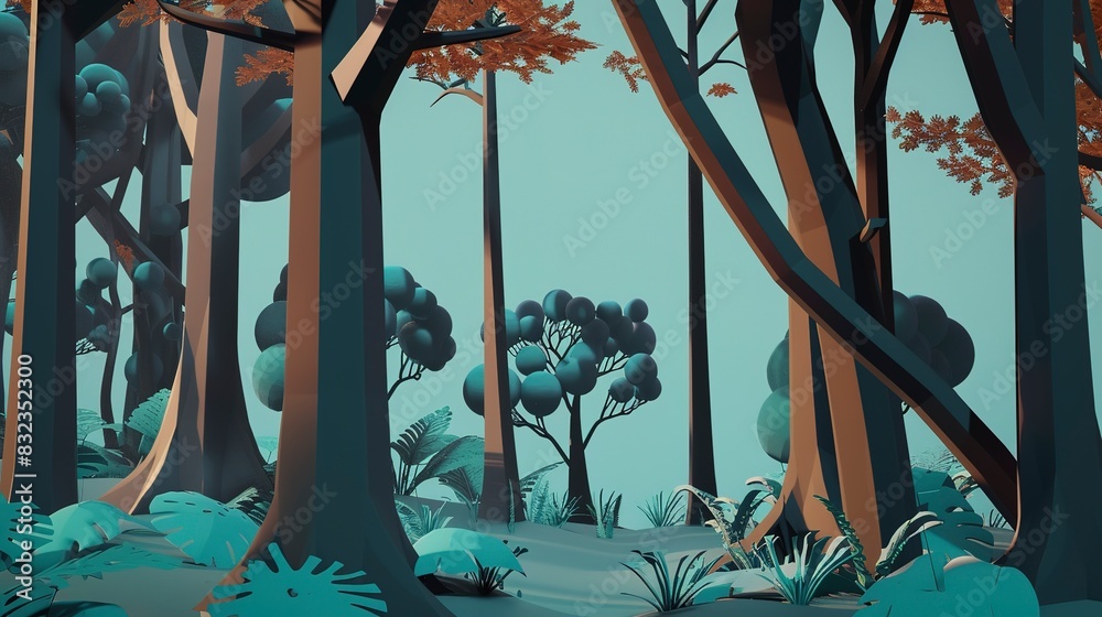 Forest hill concept art flat design side view wildlife sanctuary theme 3D render Split ...