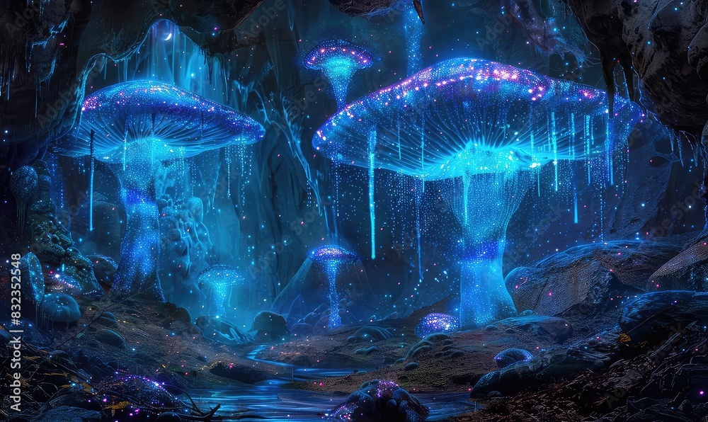 Fantasy subterranean cave with bioluminescent fungi and magical ...