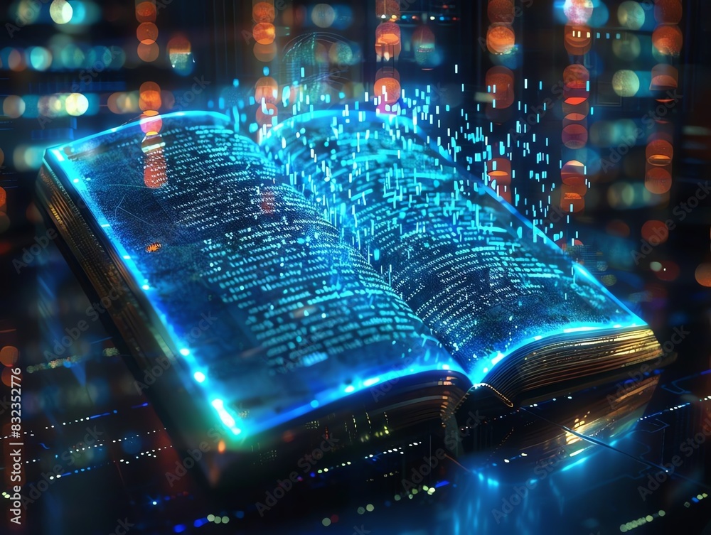 Semantic Analysis A 3D book with floating data words, highlighted by ...