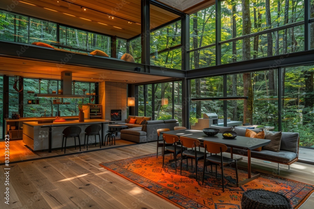 Modern open plan kitchen and dining area in a luxurious forest home ...