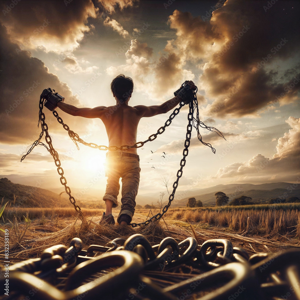 freedom concept, man breaking chains in natural field, clouds with ...