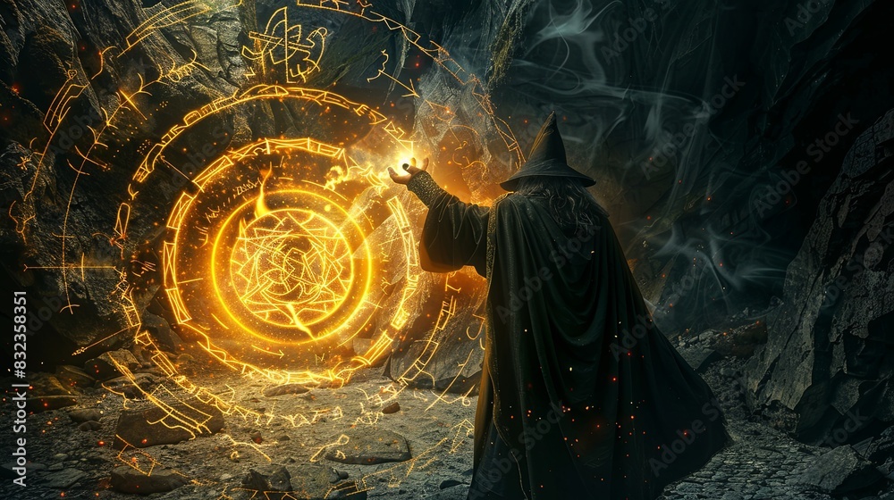 A powerful sorcerer casting a spell in a dark, mysterious cave with ...