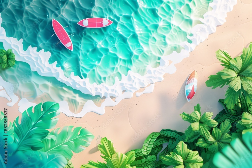 Top view flat design of a summer beach adventure featuring a surf ...