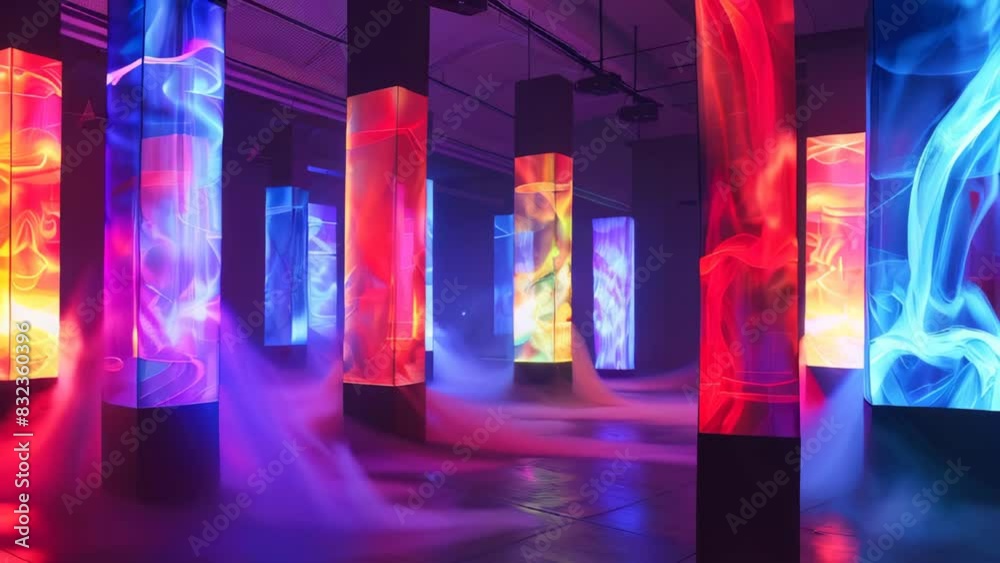 An immersive exhibition hall with glowing screens and abstract digital ...