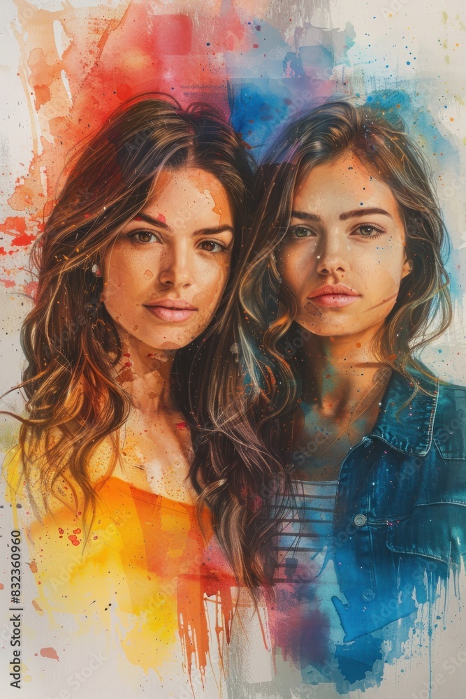 gay couple of two attractive women, in front of a background with the ...