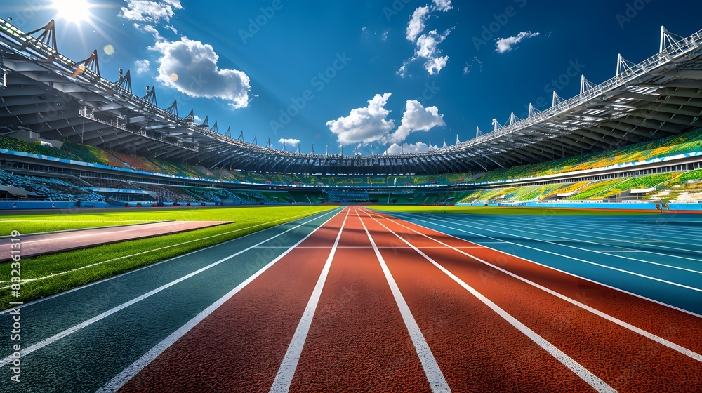 Olympic Stadium with red running track, wide angle view, blue sky and ...