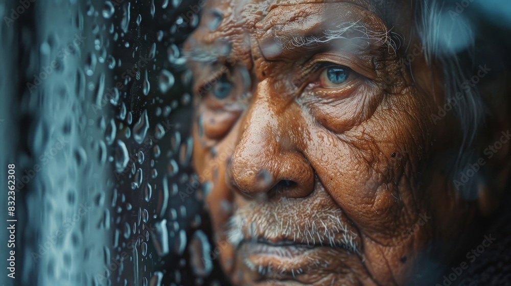 An elderly man with a weathered face stares out a rain-streaked window ...