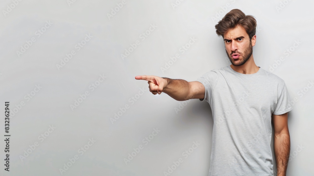 Angry man in white t-shirt pointing with his hand to the left side, on ...