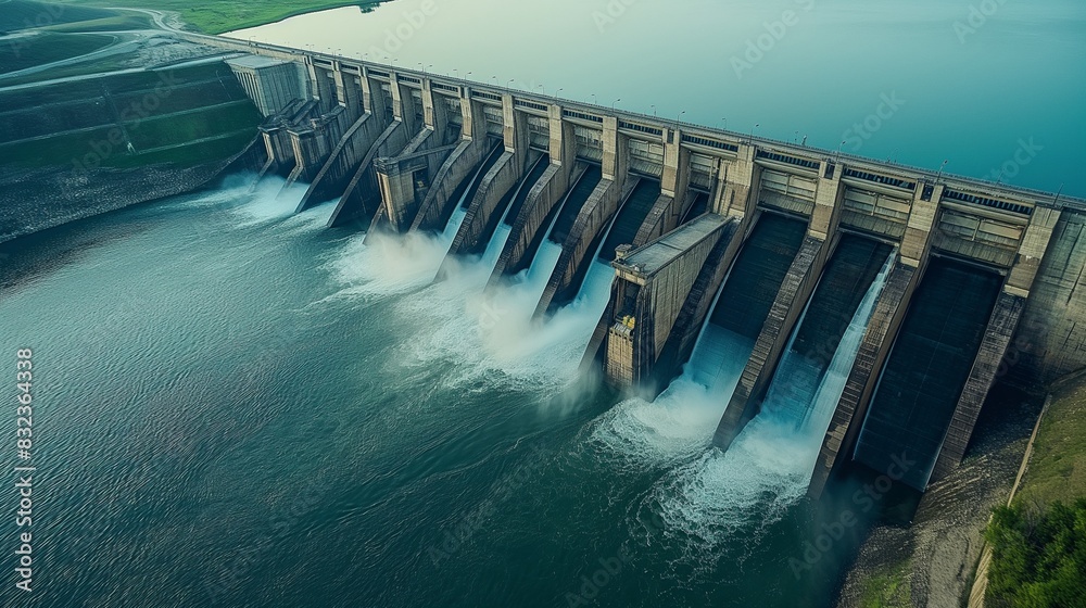An expansive dam seen from above, holding back a large reservoir of ...