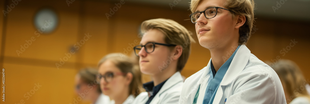 Row of focused medical students with glasses listening to a lecture in ...