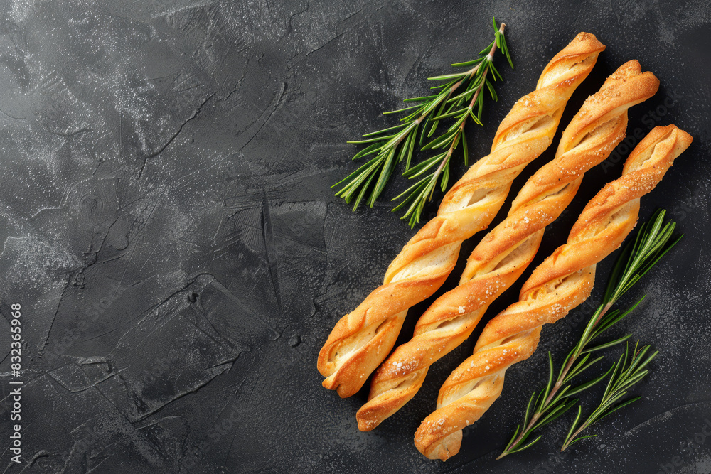 Tasty curly breadsticks, Italian snacks with green rosemary next to it ...