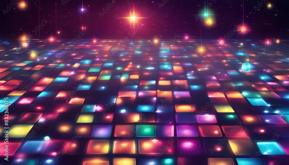 Disco dance floor. Retro party scene with LED squares grid glowing ...